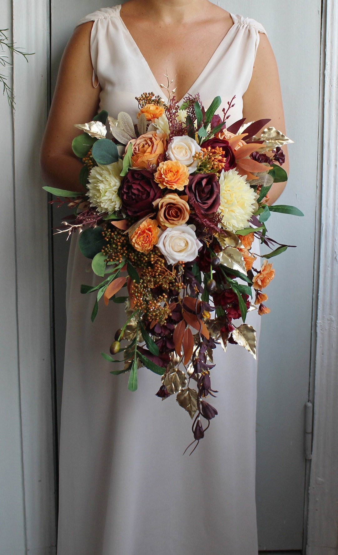 Muted Orange Burgundy Ivory Bouquet, Fall Wedding Bouquet, Cascading ...