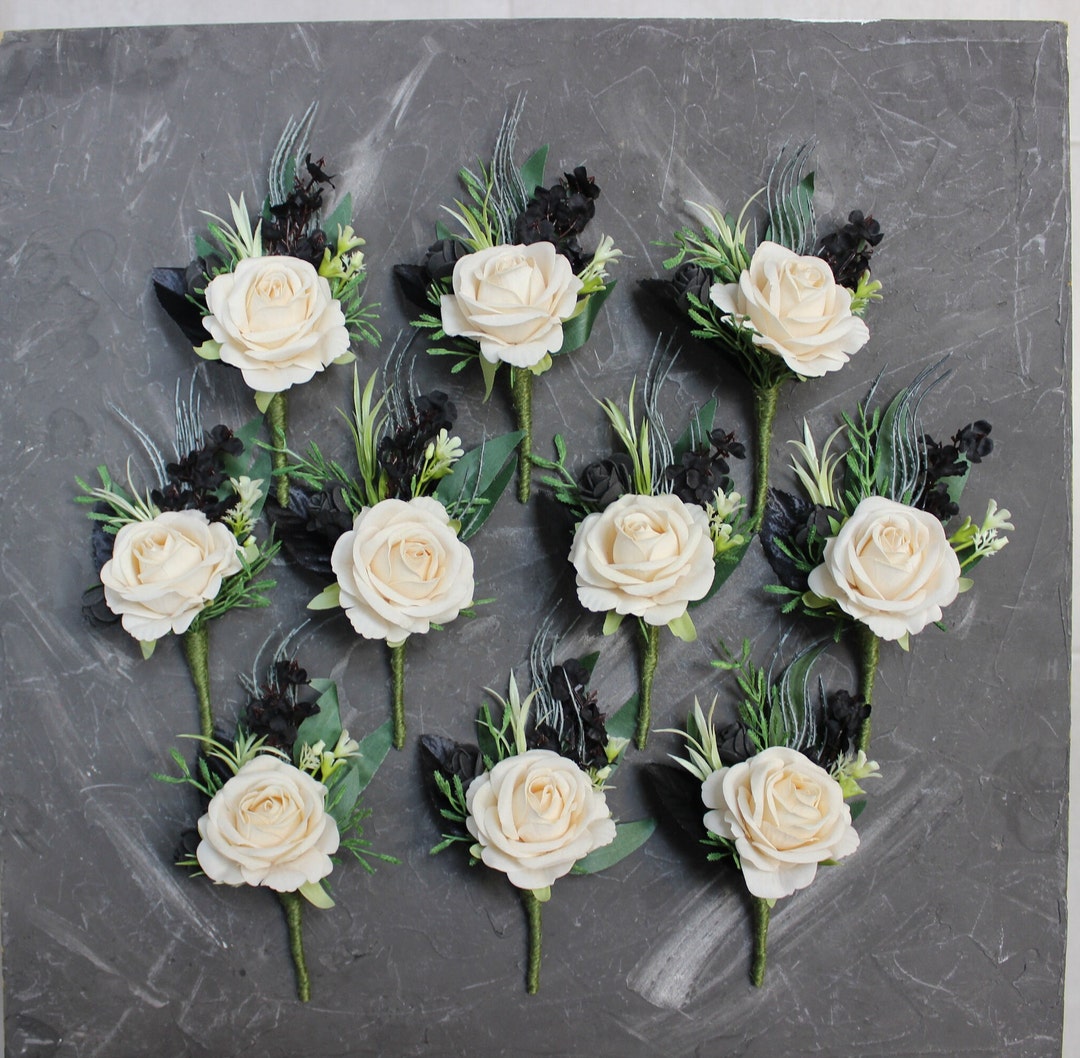 Emerald Green Black Ivory Boutonniere, Gothic Buttonhole, Forest Green ...