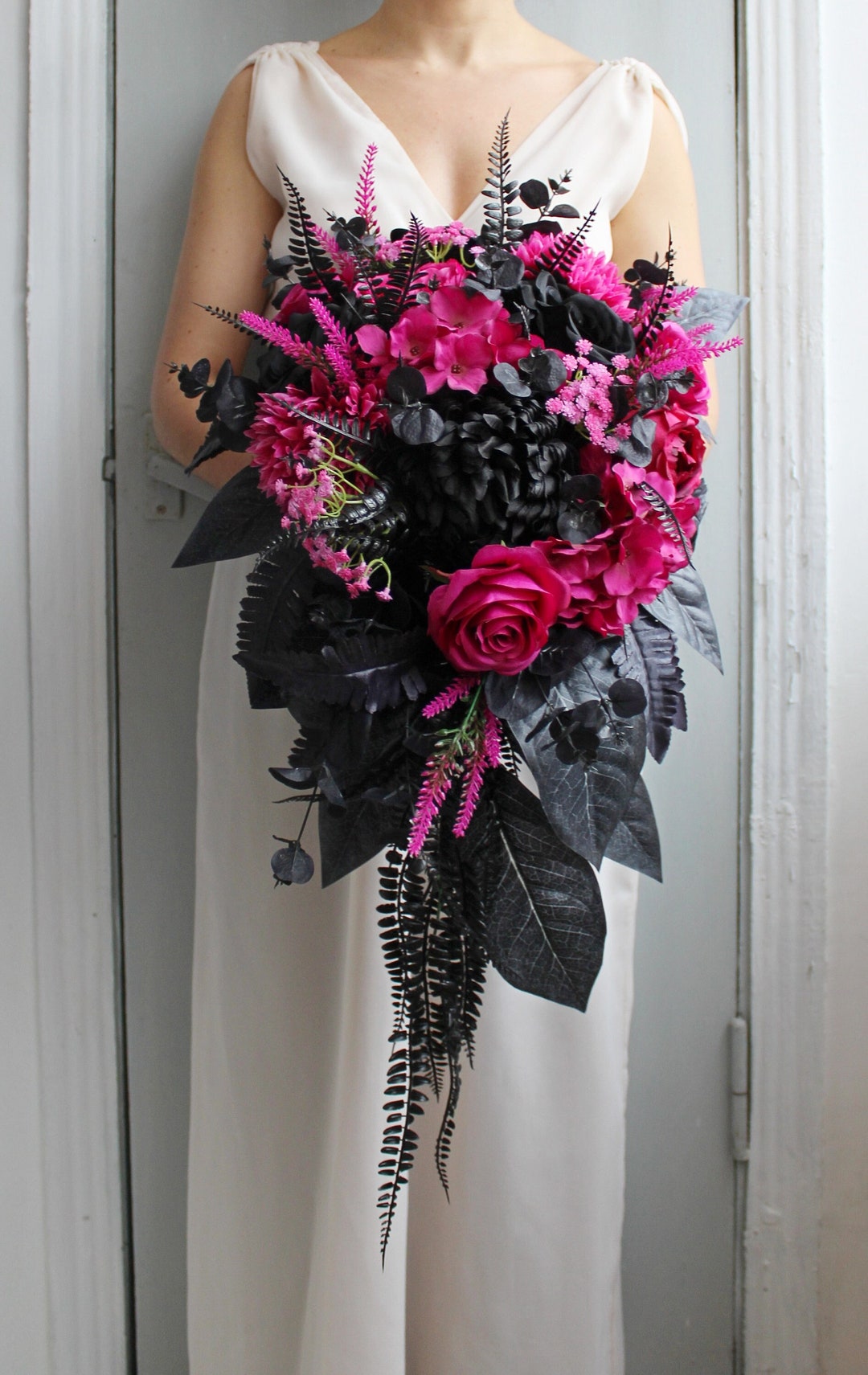 Fuchsia Black Bouquet, Gothic Wedding Bouquet, Cascading Hot Pink ...