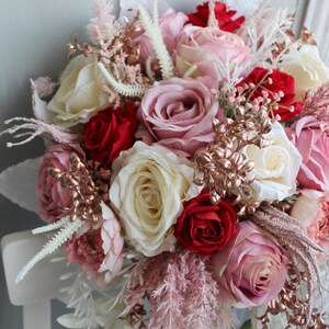 Rose Gold Ivory Red Wedding Bouquet, Cascading Bouquet, Boho Bridal ...