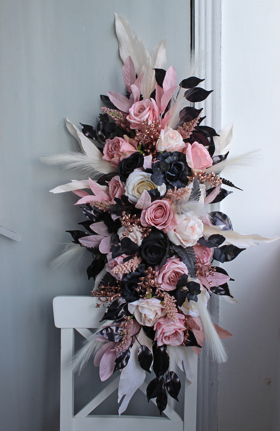 Black Ivory Rose Gold Arch Flowers, Gothic Wedding Flower Arch, Wedding ...