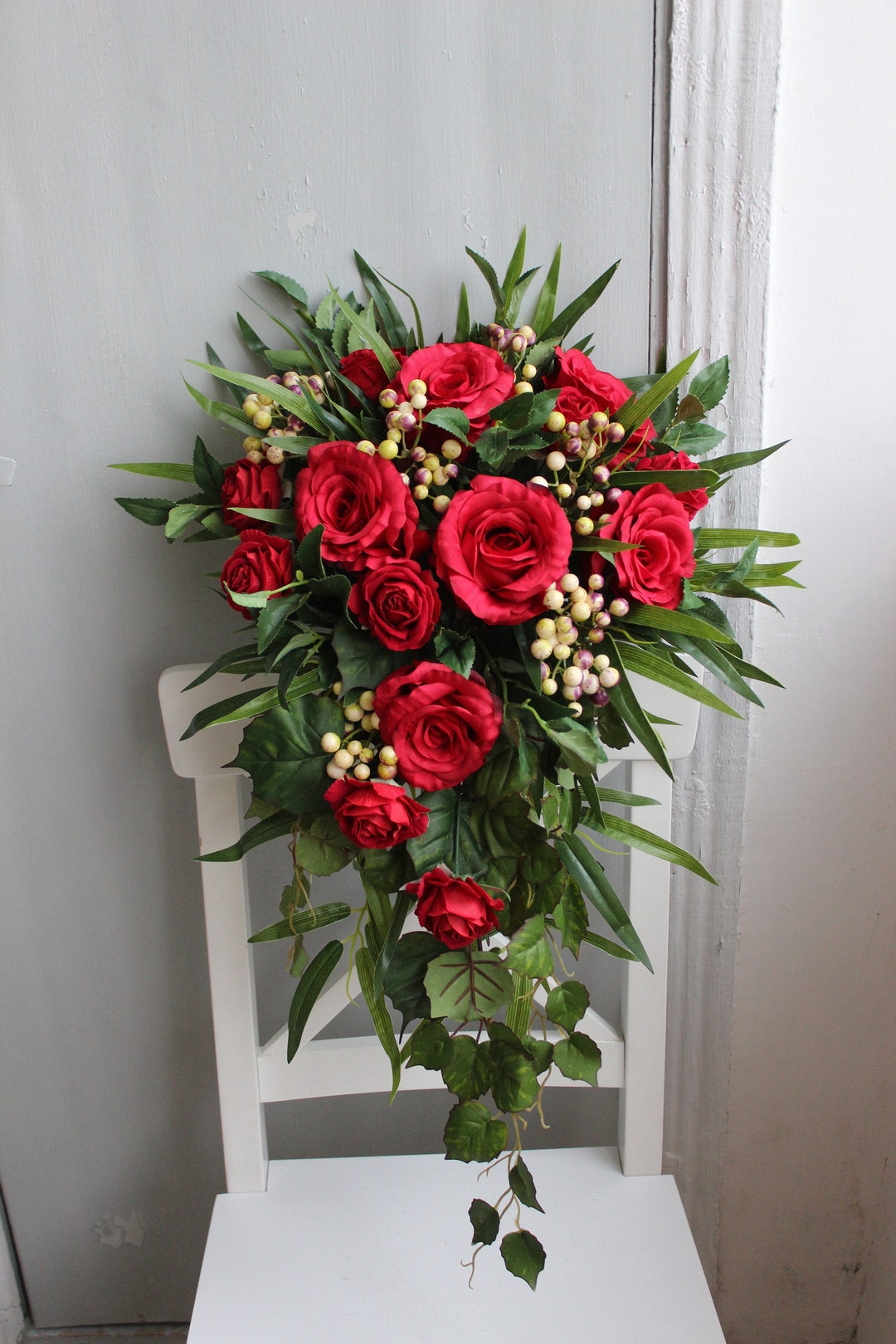 Deep Green Red Wedding Bouquet, Cascading Bouquet, Fall Wedding Bouquet ...