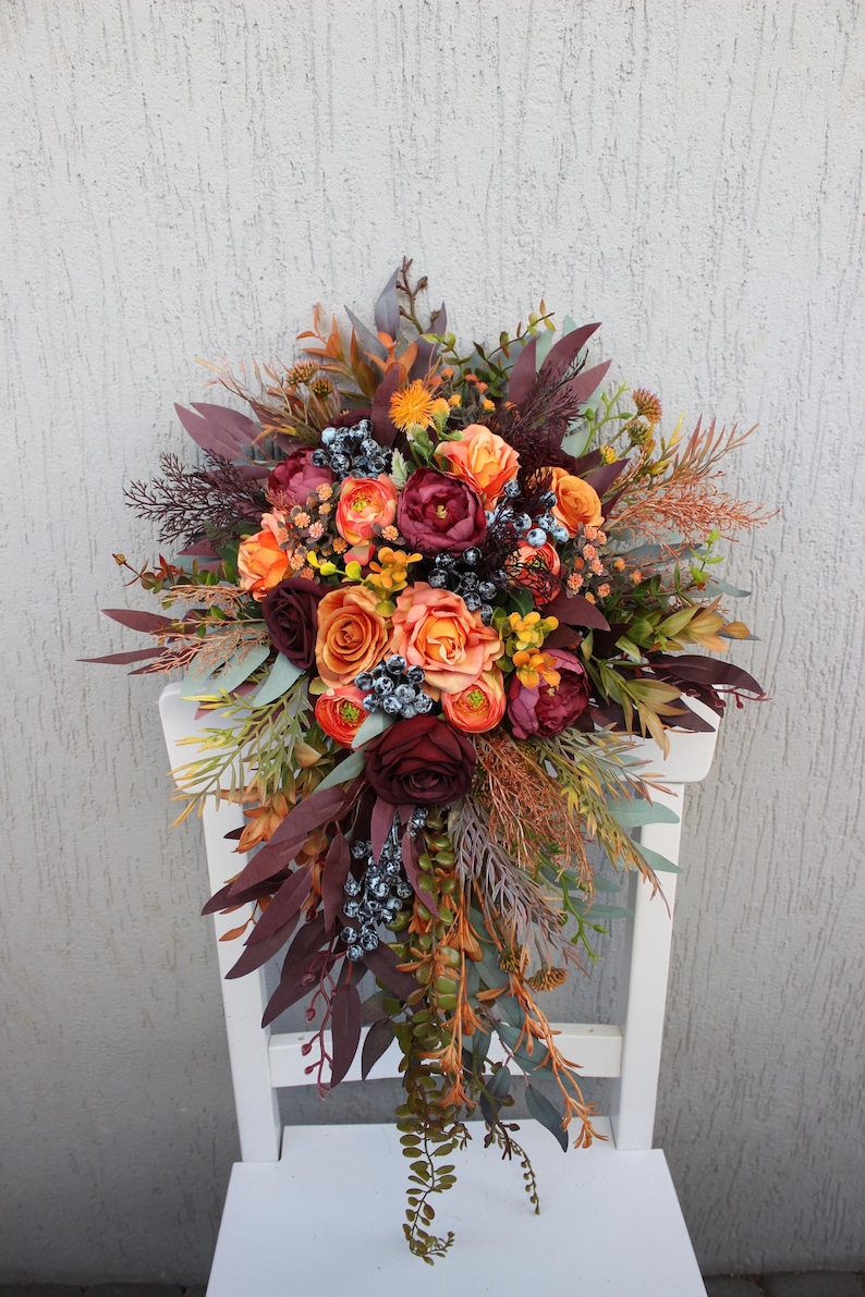 Burnt Orange Burgundy Bouquet With Blueberries, Bridal Silk Flower ...
