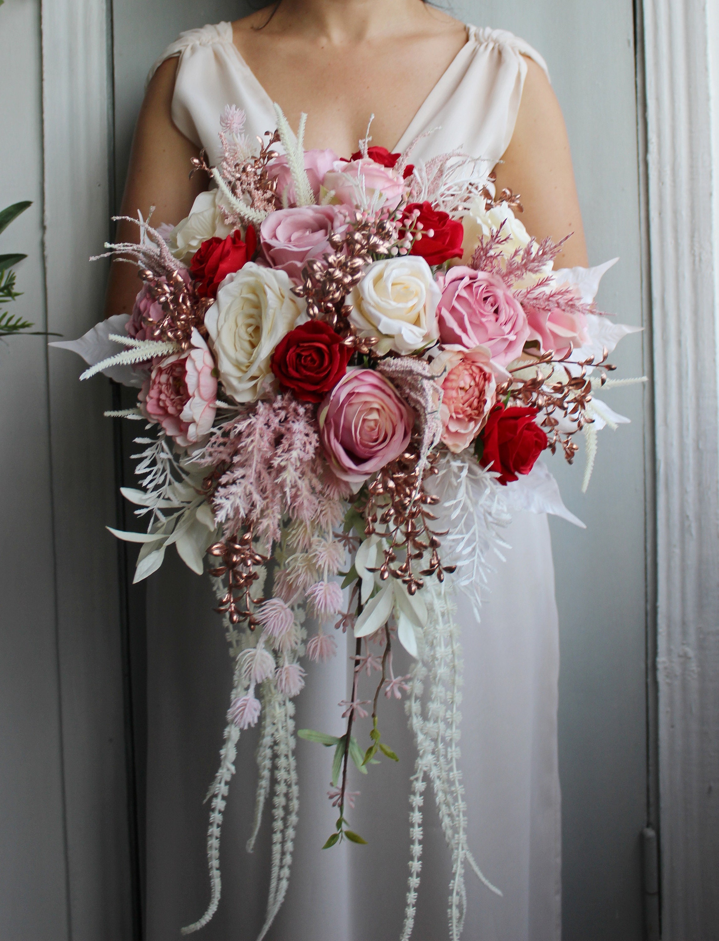 Rose gold ivory red wedding bouquet Cascading bouquet Boho | Etsy