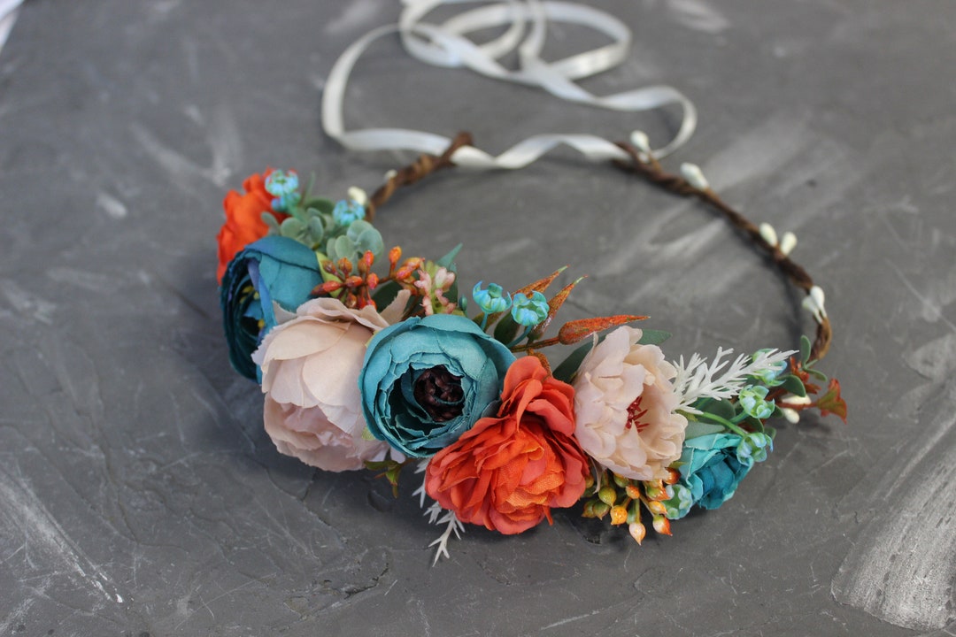 Deep Teal Orange Flower Crown, Wedding Crown, Teal Wedding Flowers - Etsy