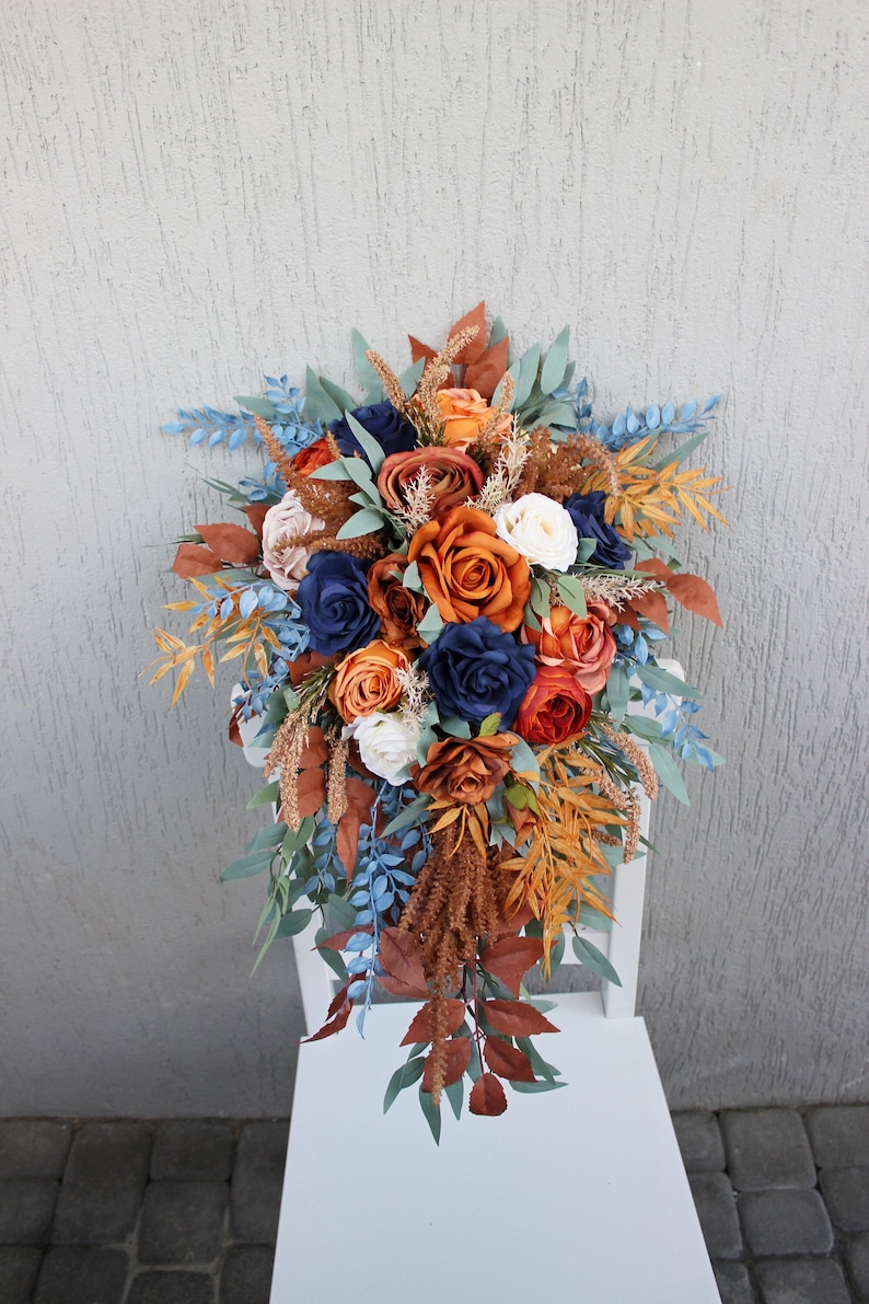 Rust Navy Wedding Bouquet, Cascading Bouquet, Fall Wedding Bouquet - Etsy