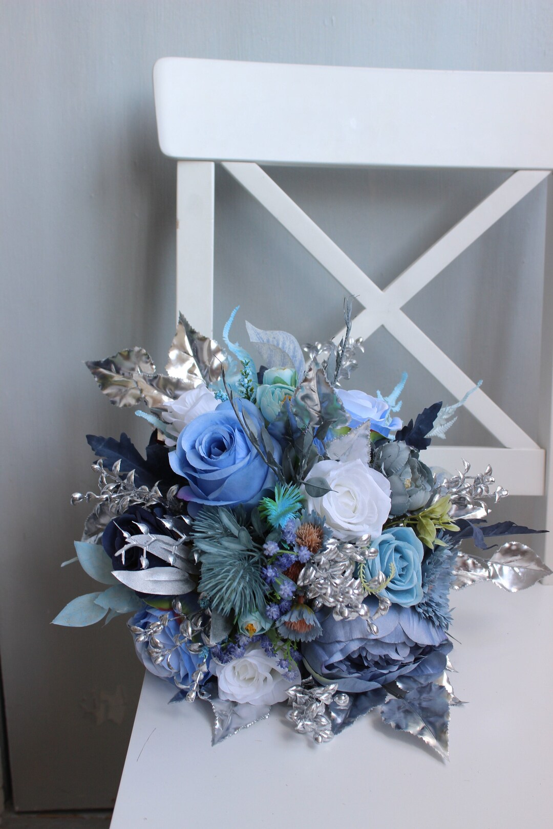 Dusty Blue Rose Wedding Bouquet, Dusty Blue and Silver Bridal Bouquet ...