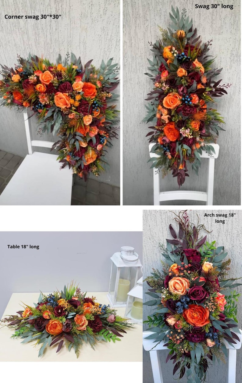 Burnt Orange Burgundy Bouquet With Blueberries, Bridal Silk Flower ...