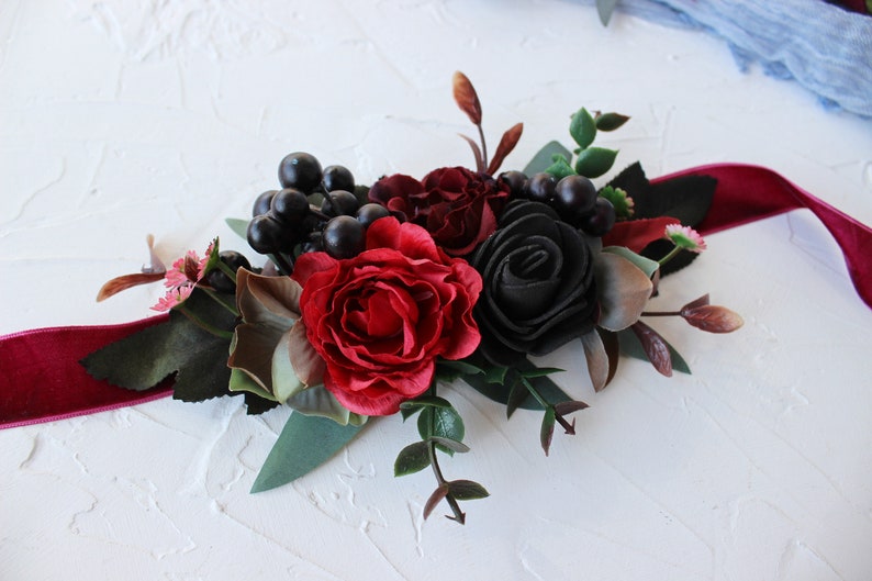 Black burgundy bridal sash Gothic wedding sash belt Flower | Etsy