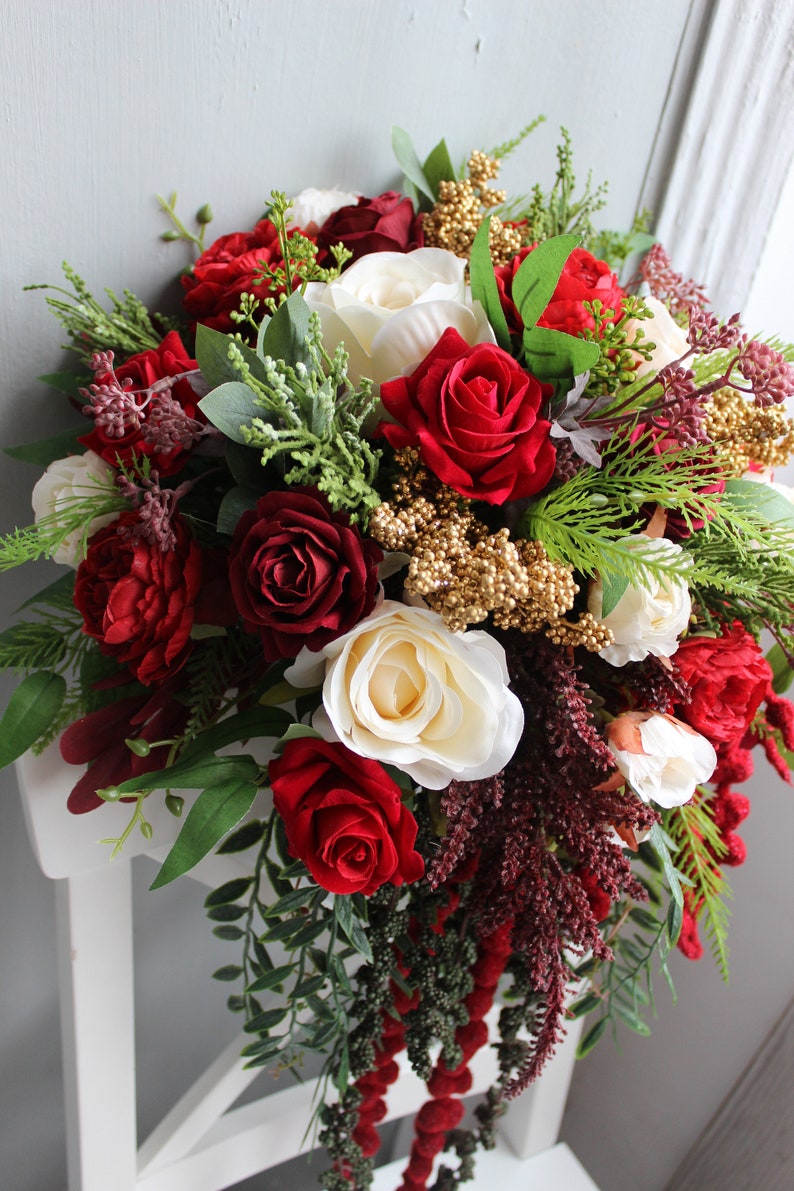 Deep Green Ivory Red Wedding Bouquet Cascading Bouquet Fall - Etsy