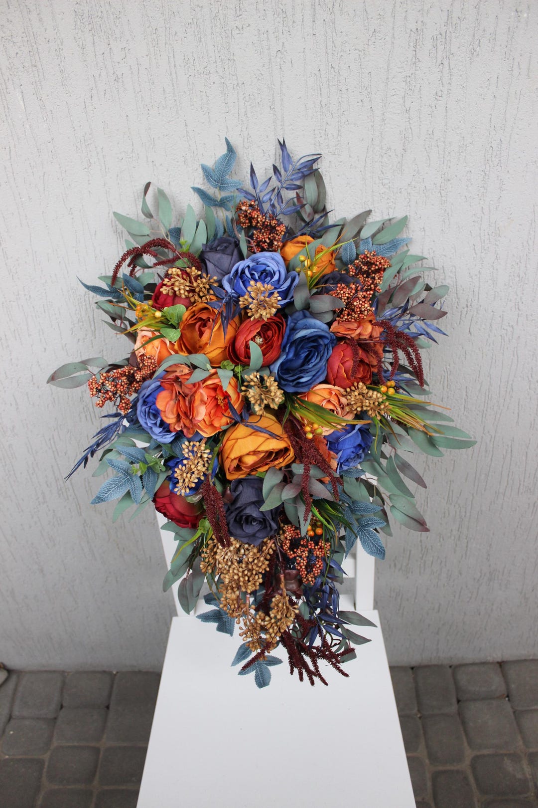 Fall Cascading Bridal Bouquet, Rust Blue Burgundy Boho Flowers, Autumn ...