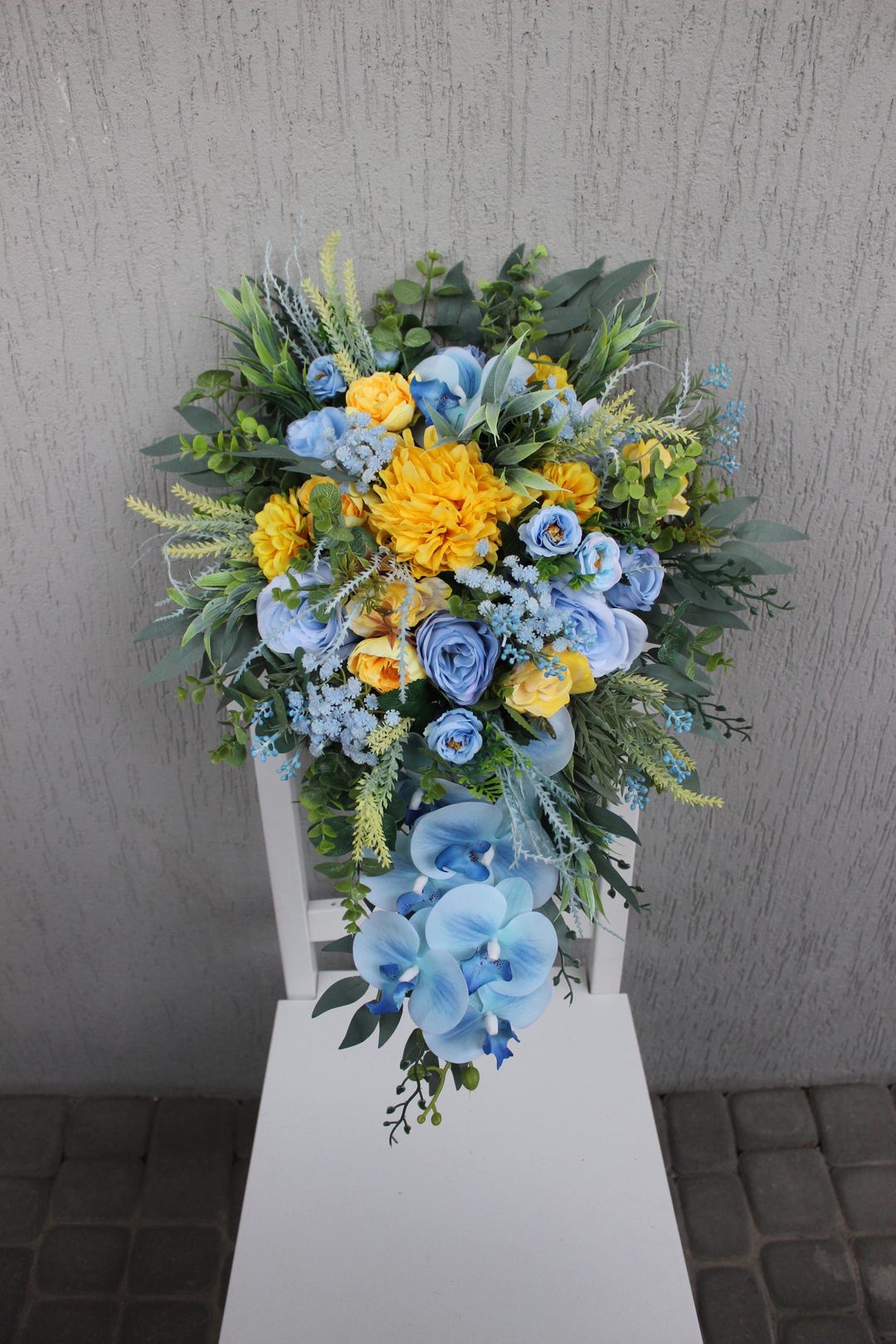 Baby Blue Yellow Wedding Bouquet, Everlasting Bouquet, Bridal Cascading ...
