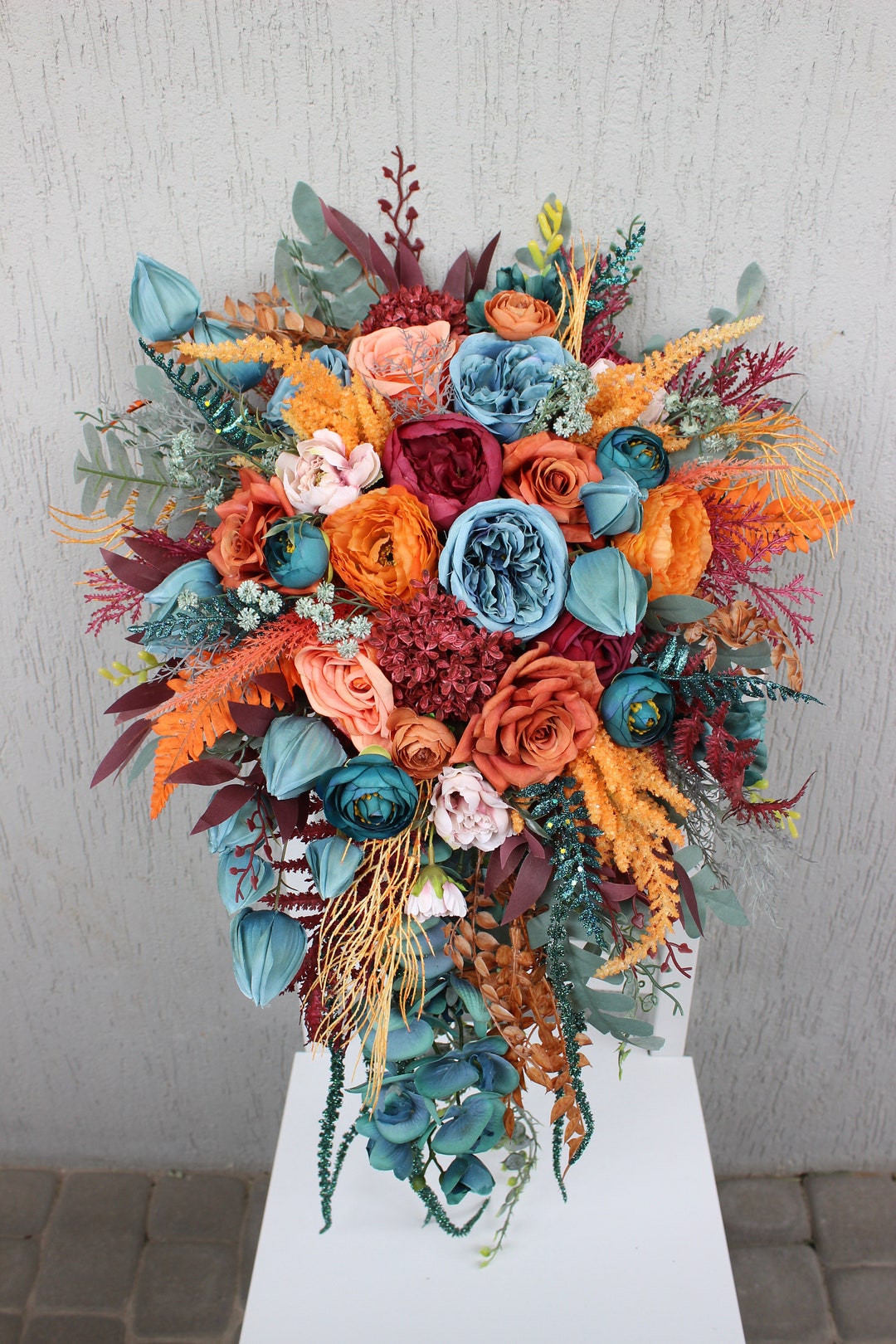Teal Blush Burgundy Rust Orange Bouquet, Cascading Bouquet, Fall ...