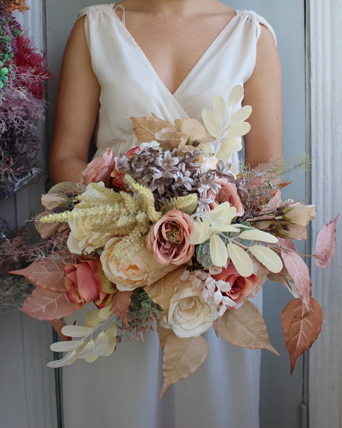 Boho Bridal Bouquet, Taupe Tan Ivory Dusty Rose Bouquet, Fall Wedding ...