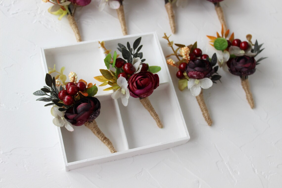 Burgundy Wedding Boutonniere, Floral Groomsmen Buttonhole, Groom ...