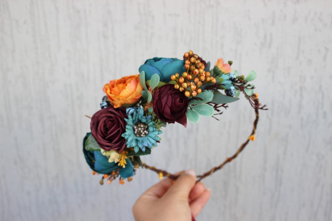 Teal Orange Flower Crown, Fall Wedding Headpiece, Flower Girl Crown - Etsy