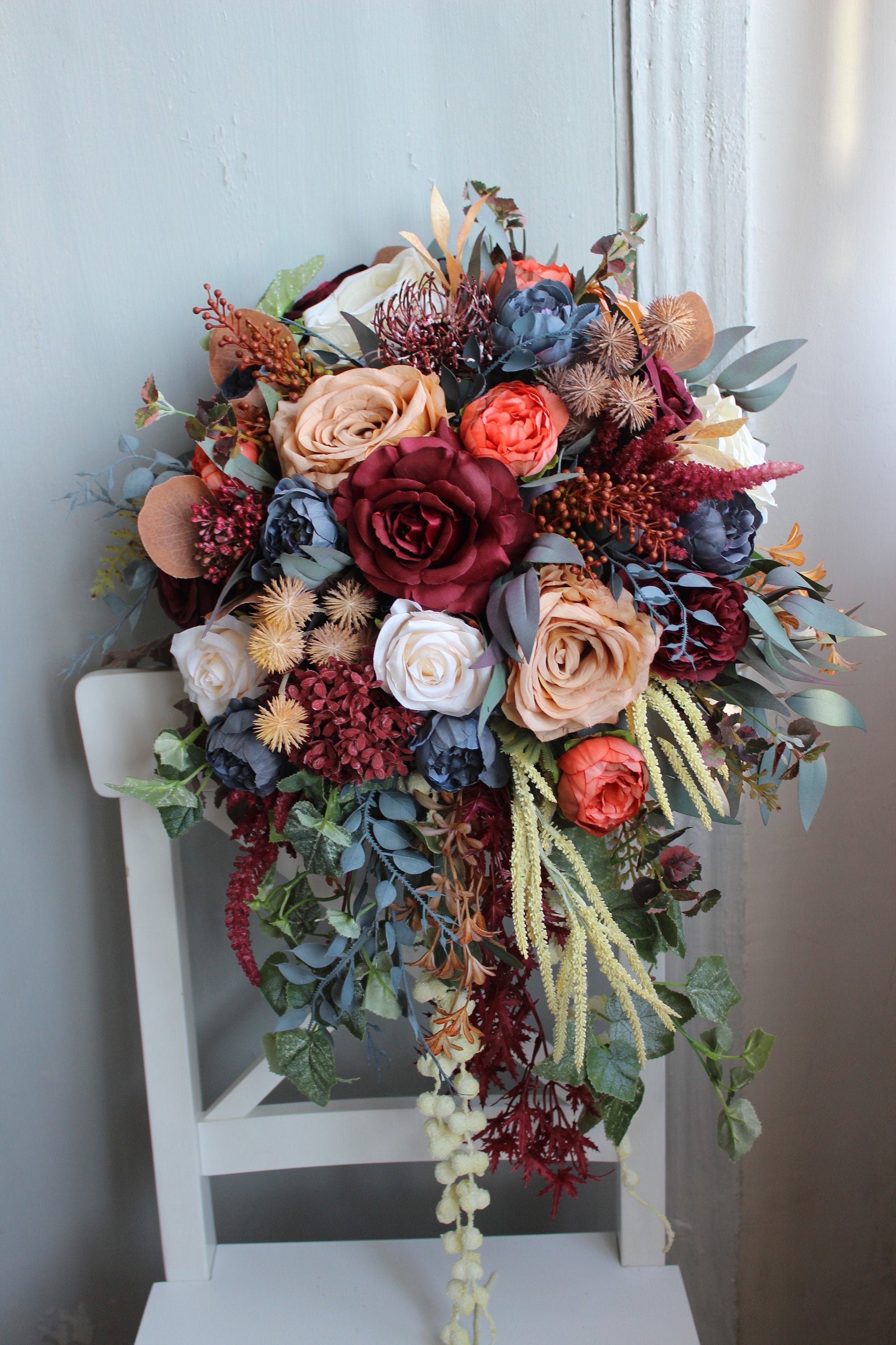 Light Rust Burgundy Navy Wedding Bouquet, Cascading Bouquet, Fall ...