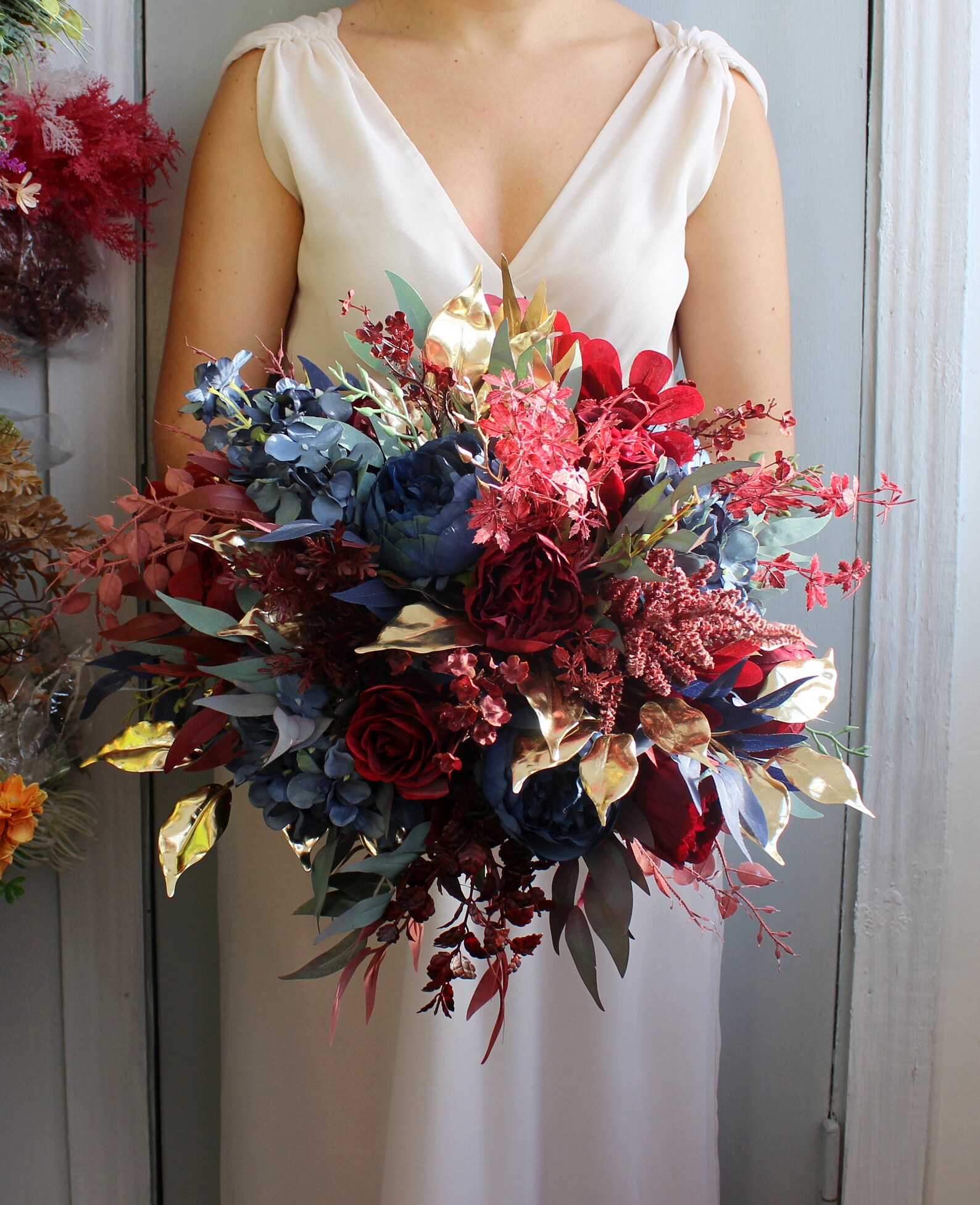 Burgundy Navy Gold Wedding Bouquet Silk Flower Bouquet Fall - Etsy