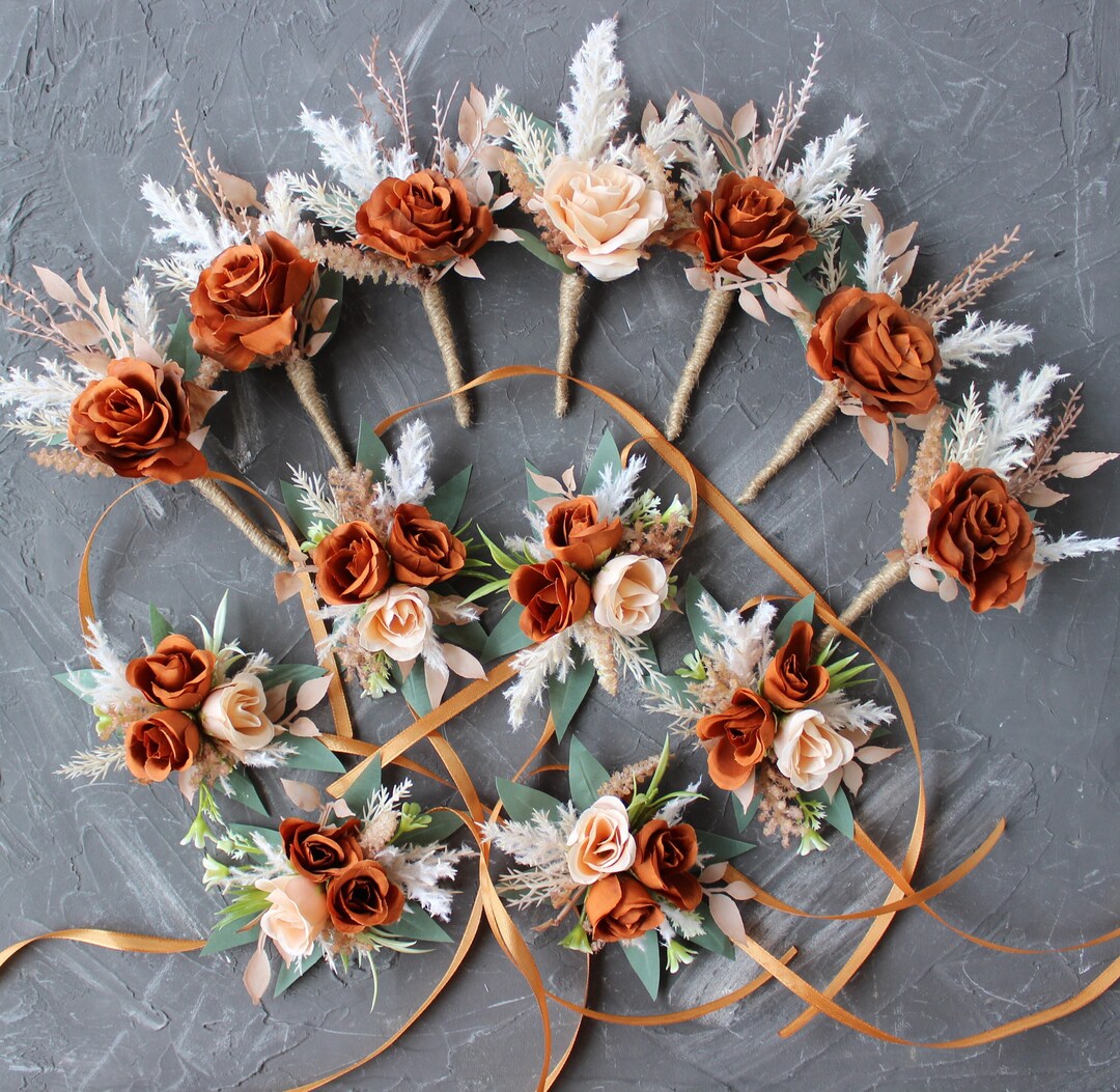 Rust Terracota Wedding Flowers Fall Boutonniere Rust Corsage - Etsy