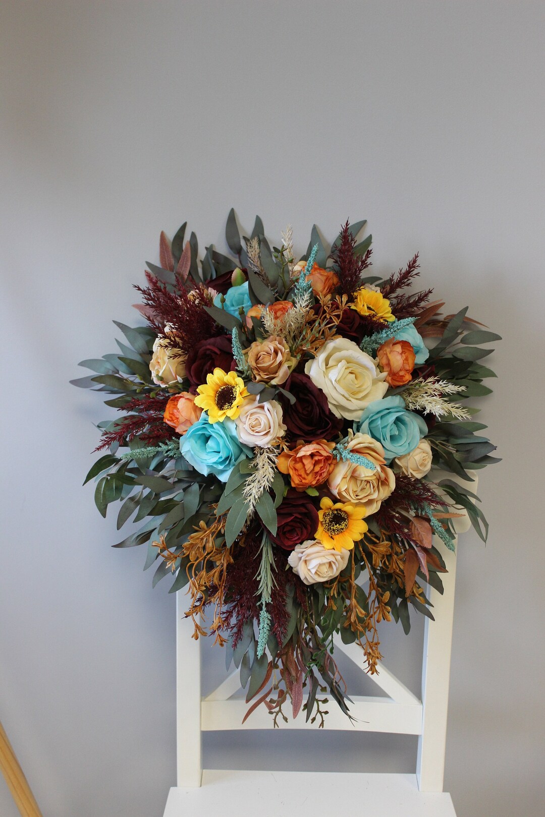 Rust Fall Bridal Bouquet, Light Blue and Ivory Cascading Wedding ...