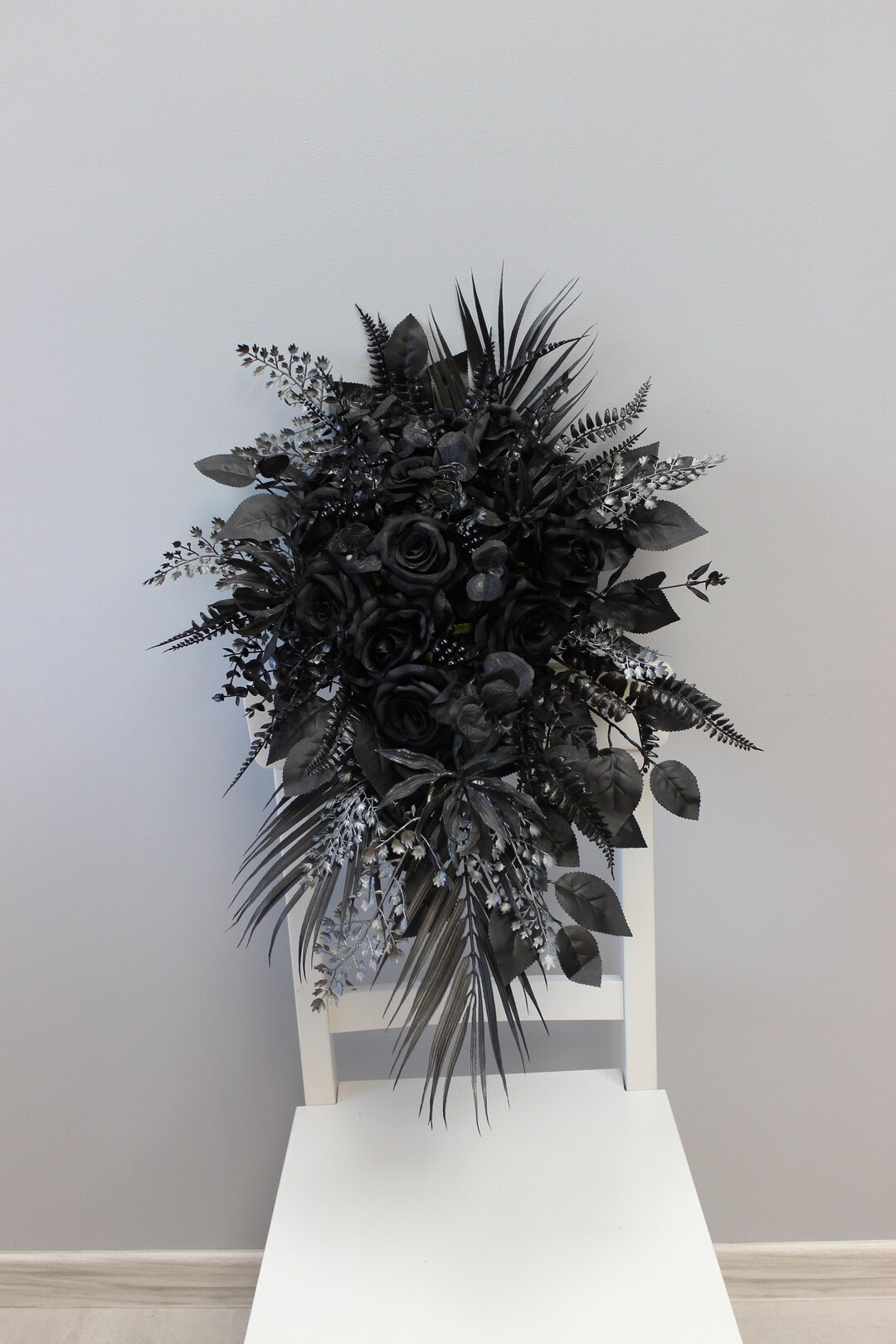 Total Black Bouquet, Gothic Wedding Bouquet, Cascading Bridal Bouquet ...
