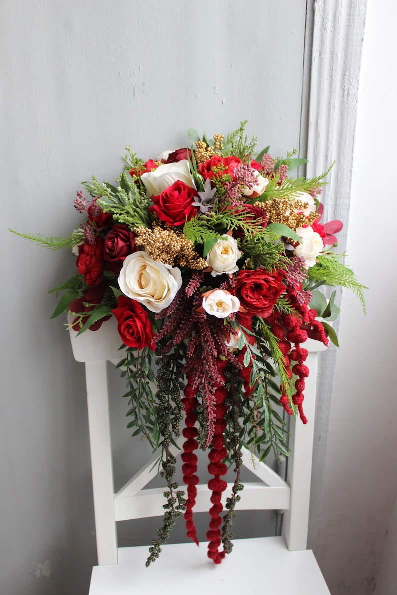 Deep Green Ivory Red Wedding Bouquet Cascading Bouquet Fall - Etsy