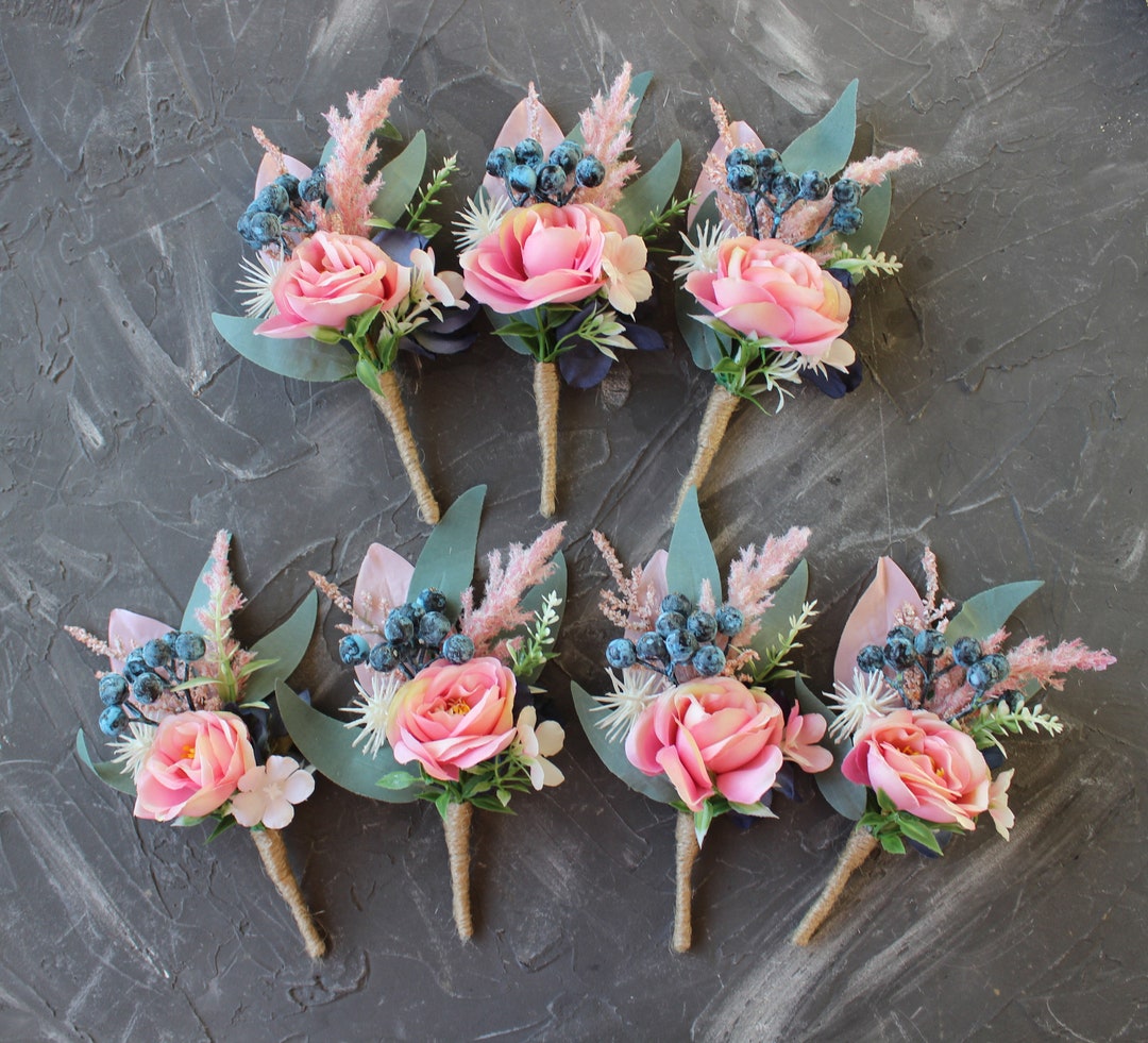 Pink Navy Ivory Wedding Bouonniere With Pines, Fiance Boutonniere ...