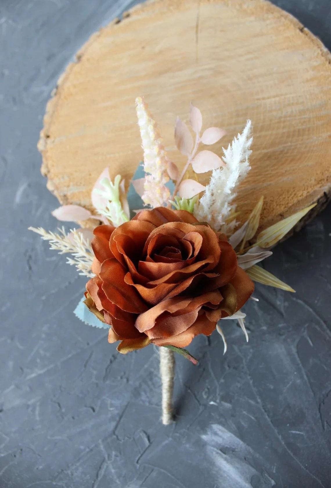 Rust Terracota Wedding Flowers, Fall Boutonniere, Rust Corsage - Etsy