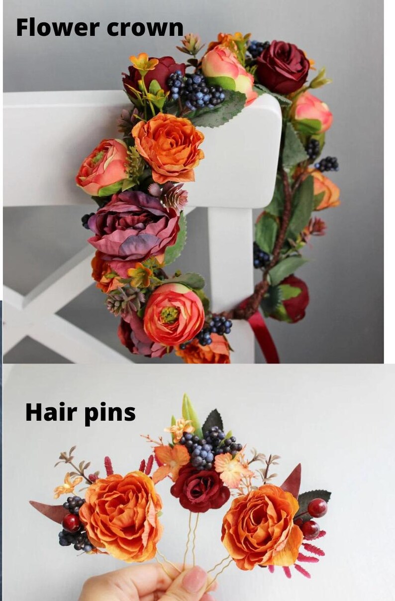 Burnt Orange Burgundy Bouquet With Blueberries, Bridal Silk Flower ...
