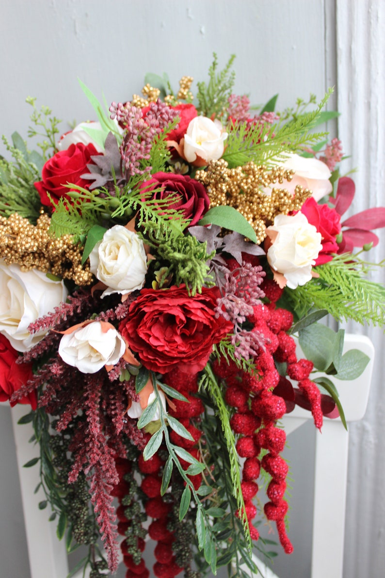 Deep Green Ivory Red Wedding Bouquet Cascading Bouquet Fall - Etsy