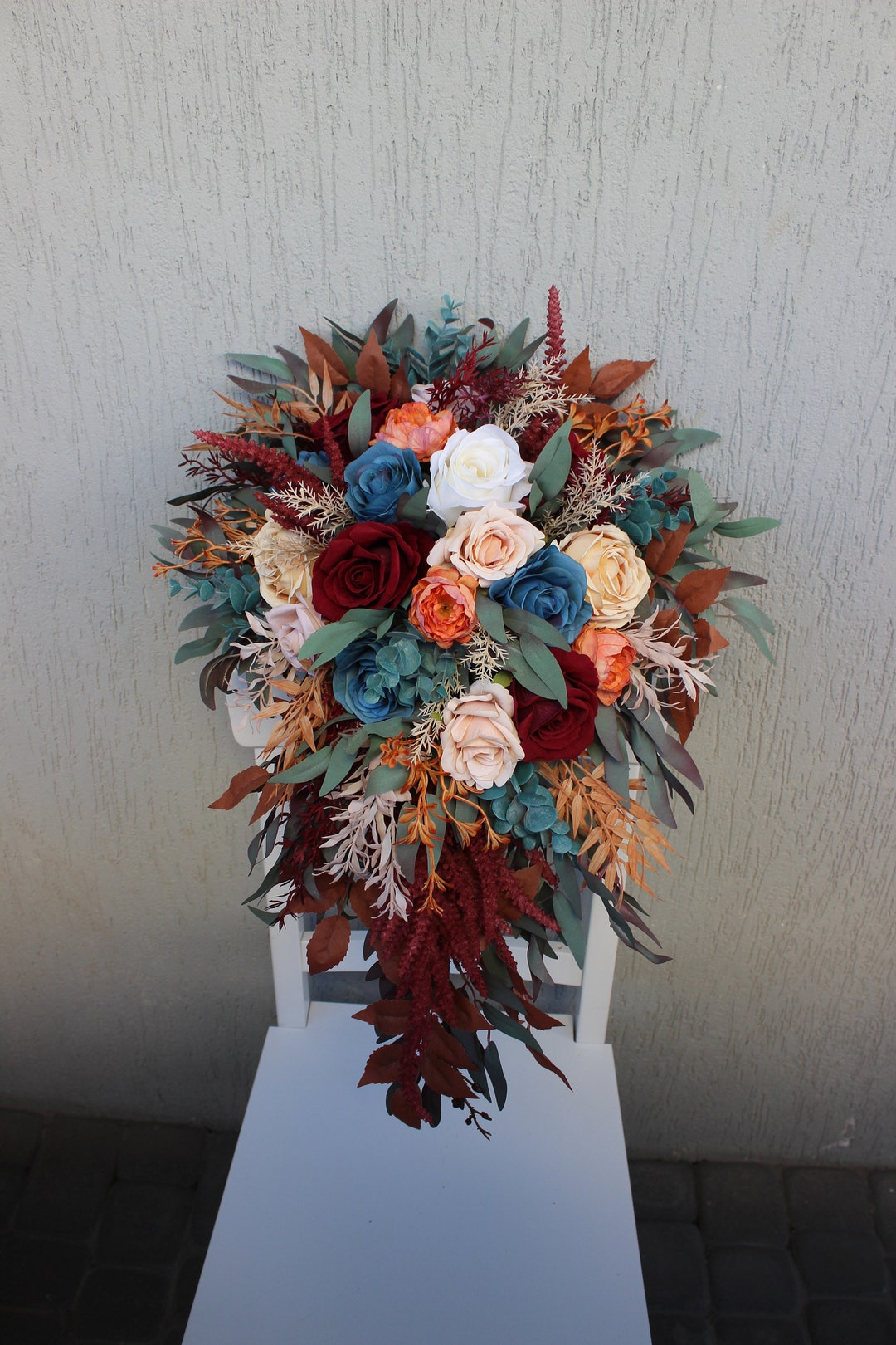 Rust Teal Burgundy Wedding Bouquet, Cascading Bouquet, Fall Wedding ...