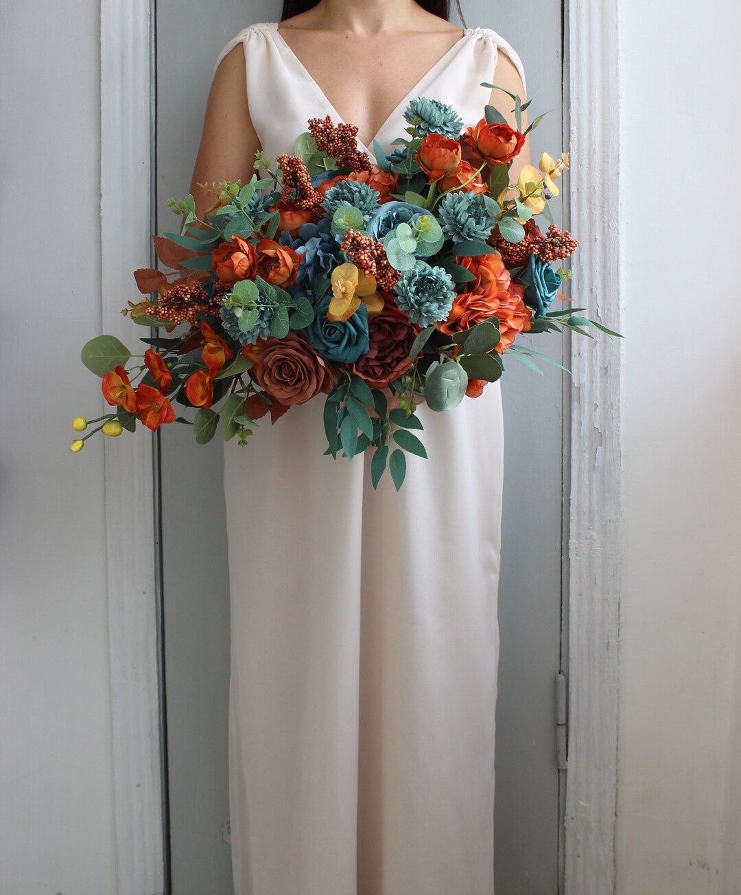 Teal Rust Burnt Orange Wedding Bouquet, Fall Wedding Bouquet, Boho ...