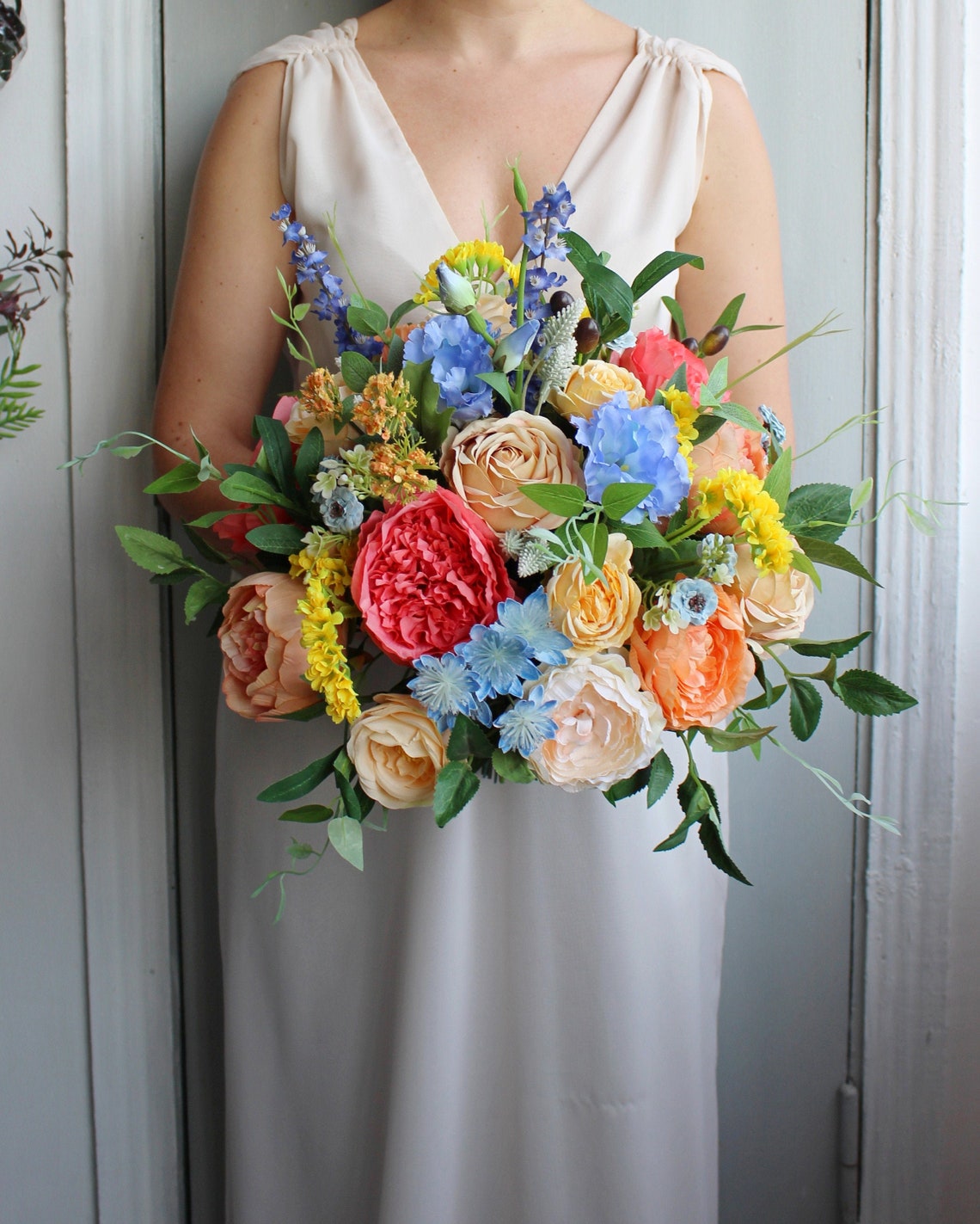 Colorful wedding bouquet Blue yellow pink wedding bouquet | Etsy
