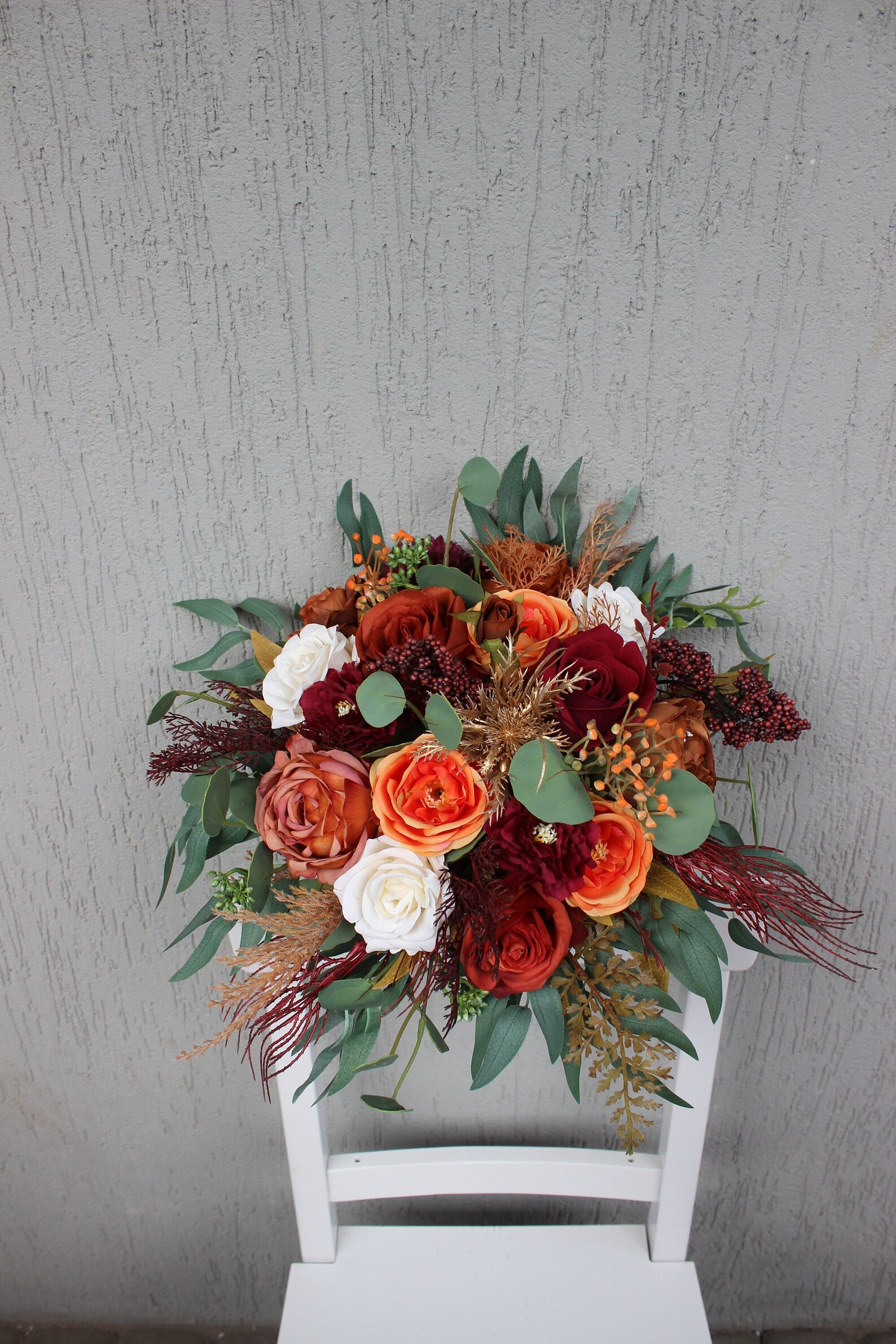 Rust Orange Burgundy Ivory Wedding Bouquet, Fall Wedding Bouquet, Boho ...