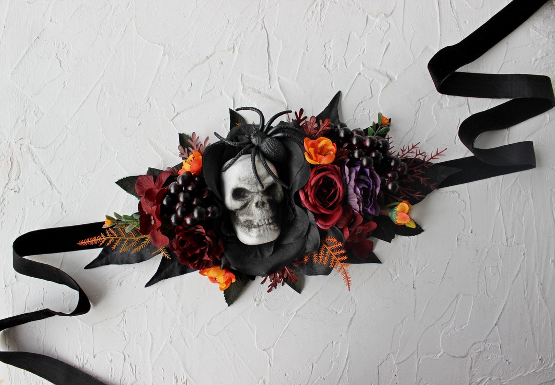 Gothic Wedding Sash Belt, Black Burgundy Sash, Skull Spider Halloween ...