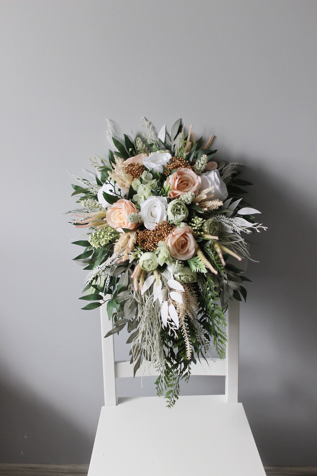 Sage Green Peach Gold Wedding Bouquet, Cascading Bouquet, Pampas Grass ...