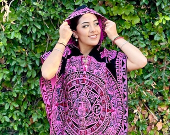 Mexican Mayan Calendar Embroidered Poncho, Winter Shawl Poncho,mexican ...
