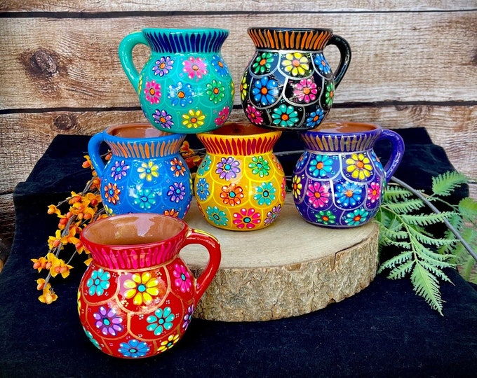 Beautiful Mexican Jarrito Mug Art , Handpainted Clay Pottery Floral ...