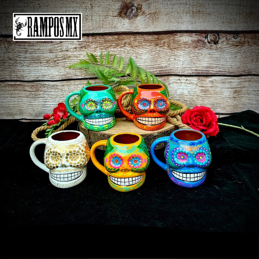 Large Mexican Skull Mug Art , Handpainted Clay Pottery Floral ...