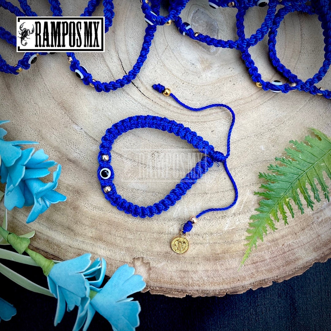 Mexican Evil Eye Woven Bracelet , Adjustable Bracelet , Handmade Blue ...