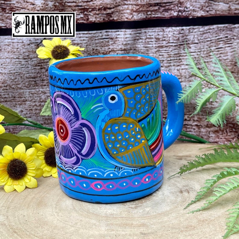 Beautiful Mexican Jarrito Mug Art , Handpainted Clay Pottery Floral ...