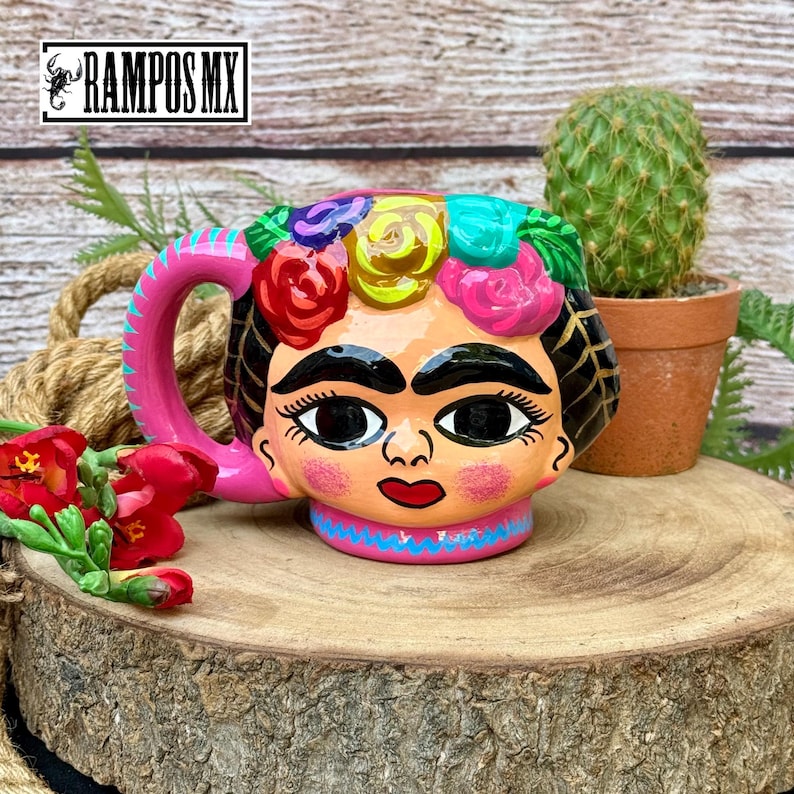 Large Mexican Frida Kahlo Mug Art , Handpainted Frida Clay Pottery ...