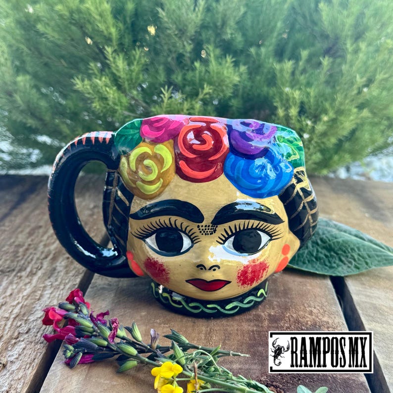 Large Mexican Frida Kahlo Mug Art , Handpainted Frida Clay Pottery ...