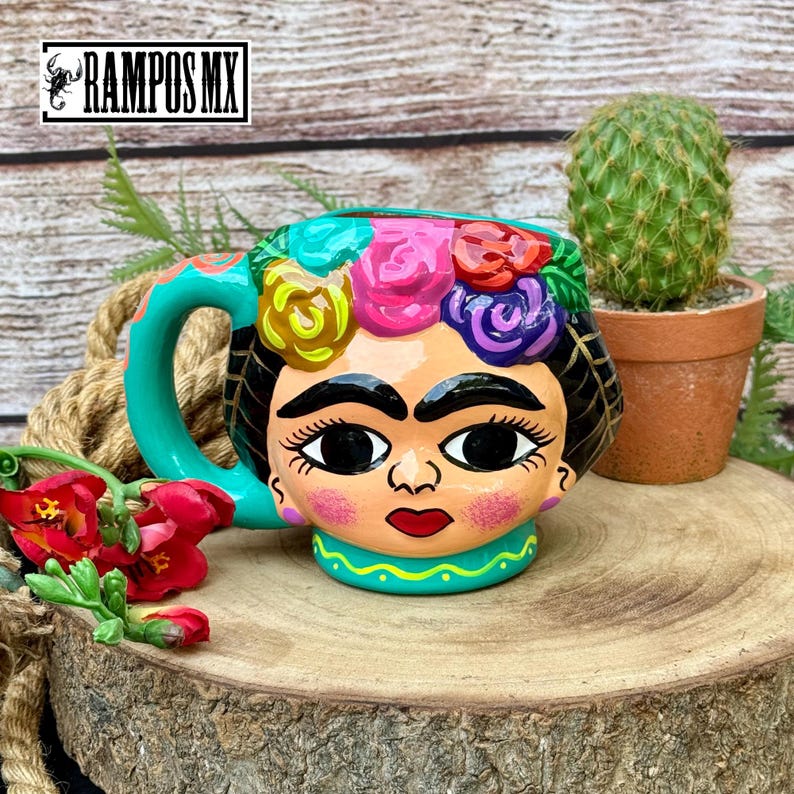 Large Mexican Frida Kahlo Mug Art , Handpainted Frida Clay Pottery ...