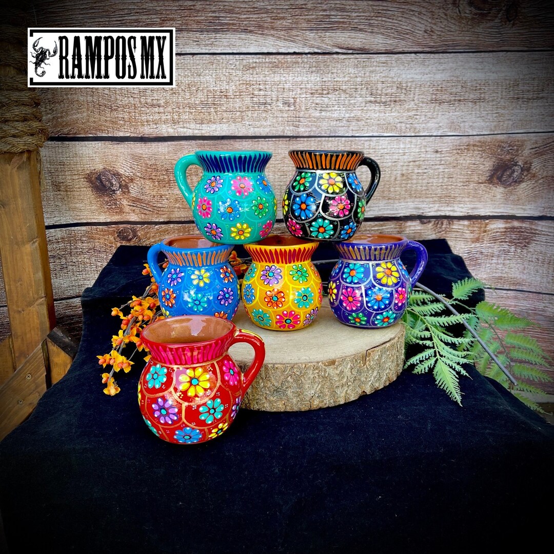 Beautiful Mexican Jarrito Mug Art , Handpainted Clay Pottery Floral ...