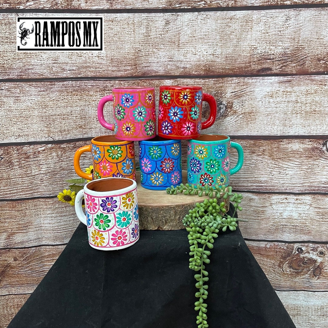 Beautiful Mexican Jarrito Mug Art , Handpainted Clay Pottery Floral ...