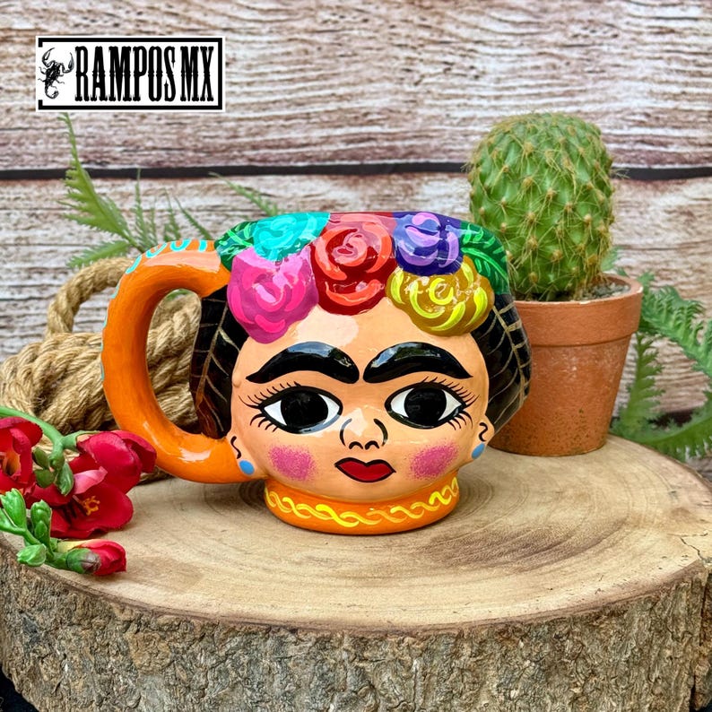 Large Mexican Frida Kahlo Mug Art , Handpainted Frida Clay Pottery ...