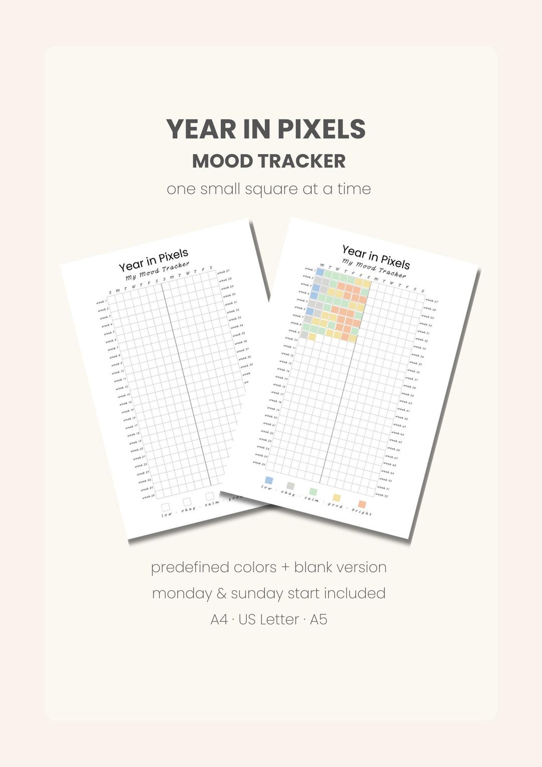 Year in Pixels Mood Tracker Printable | Wellness Journal (PDF A4/A5/US ...