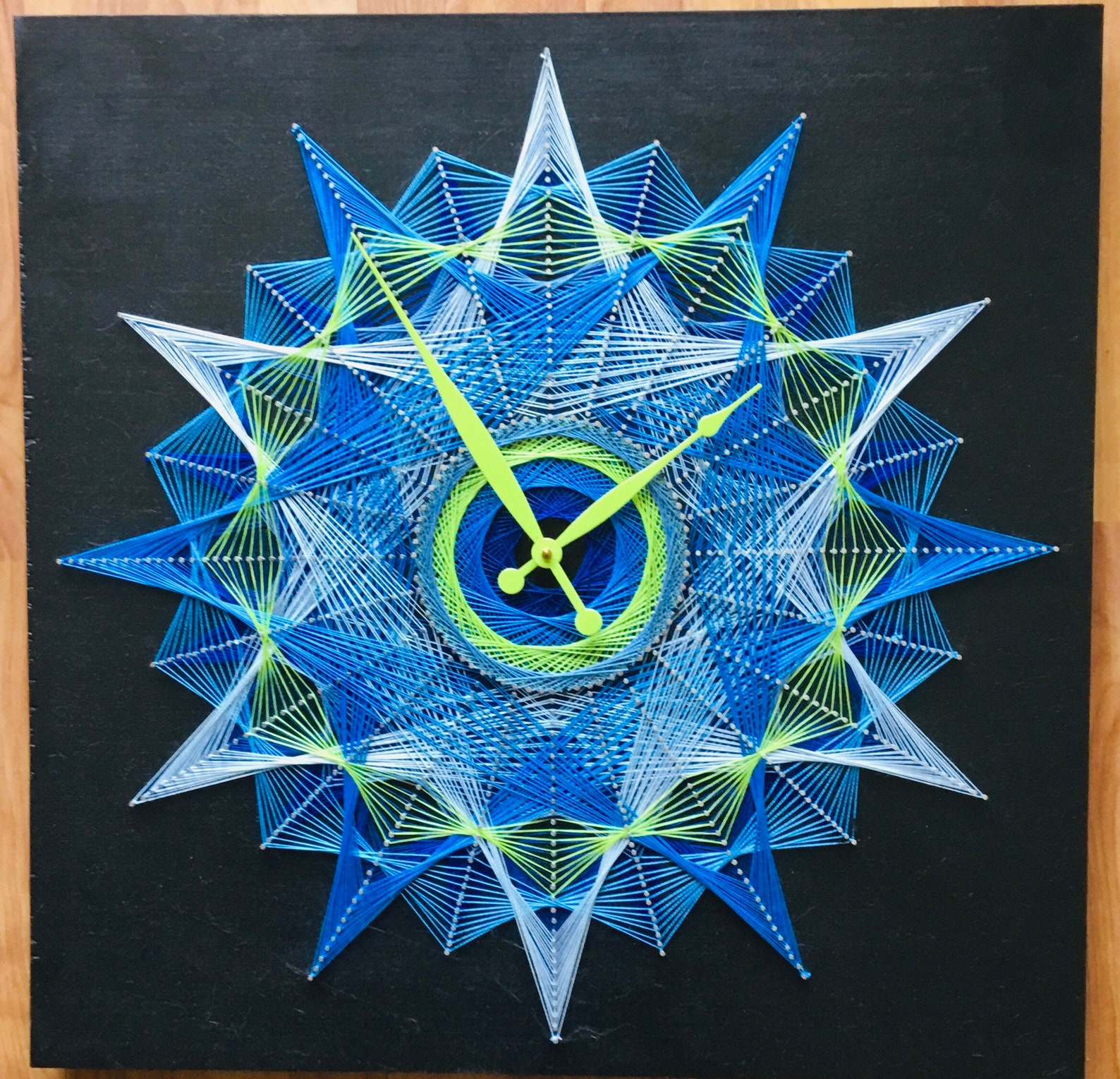 Homemade String Art Clock - Blues and Lime Green - Etsy