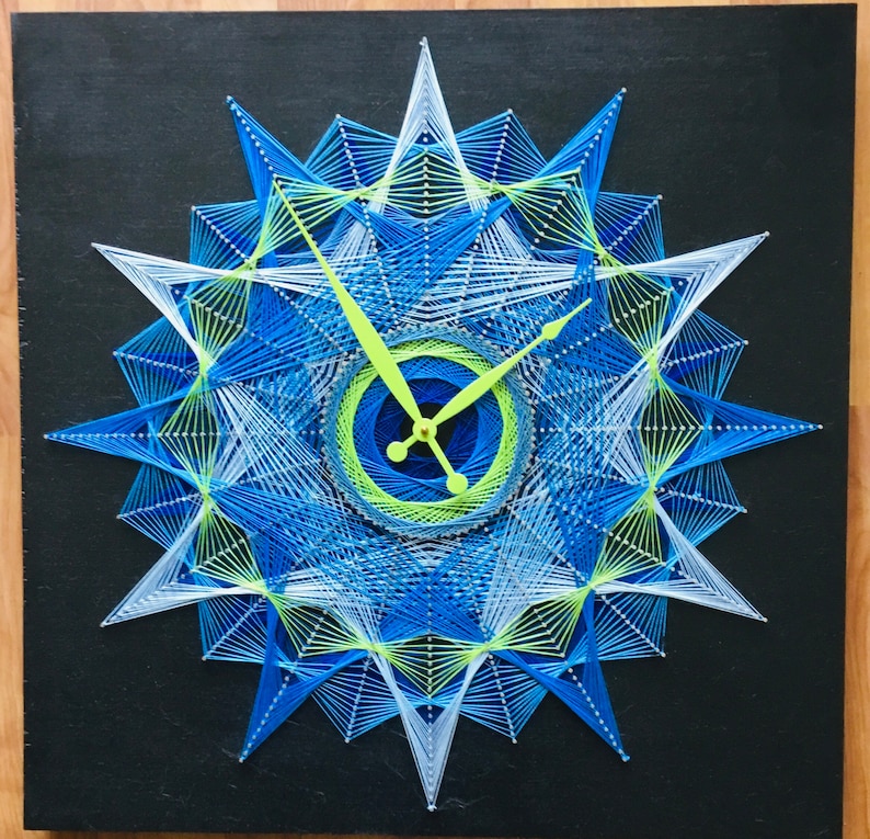 Homemade String Art Clock - Blues and Lime Green - Etsy